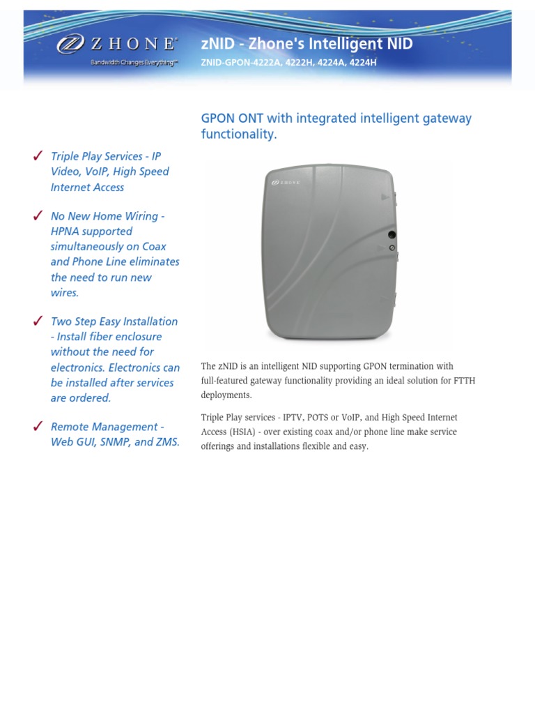 zNID - Zhone's Intelligent NID: GPON ONT With Integrated Intelligent Gateway Functionality | PDF ...