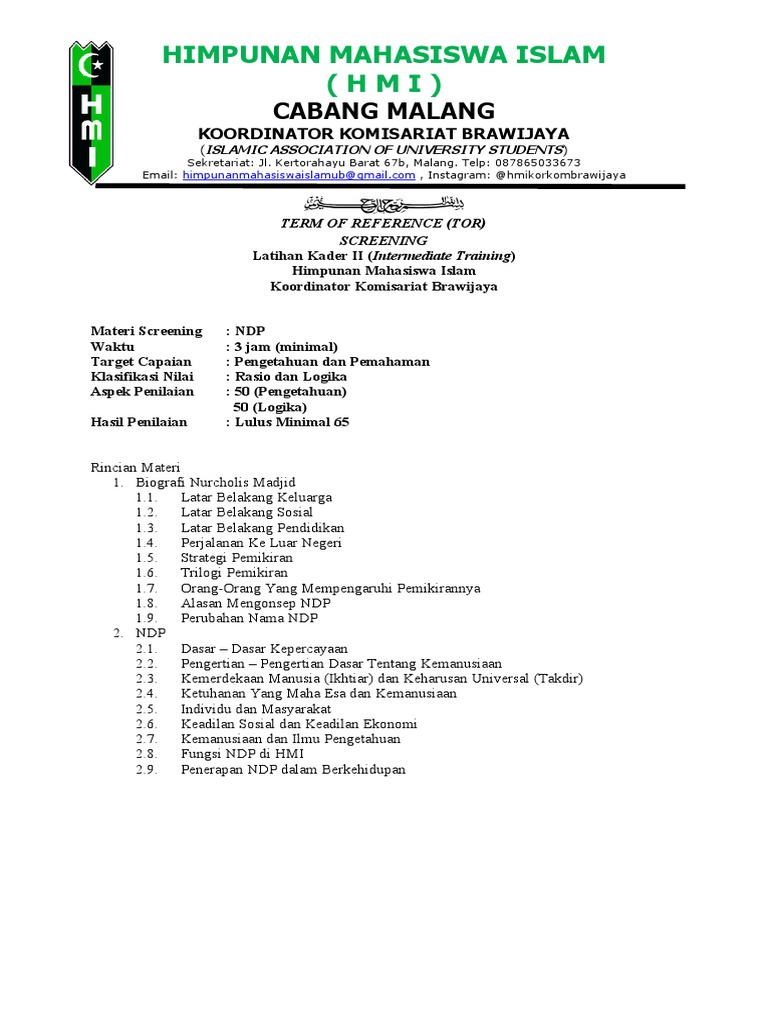 TOR Materi Kode G Nilai NIlai Dasar Perjuangan Eksistensi Penerapan NDP Dalam Tubuh HMI Di Masa ...
