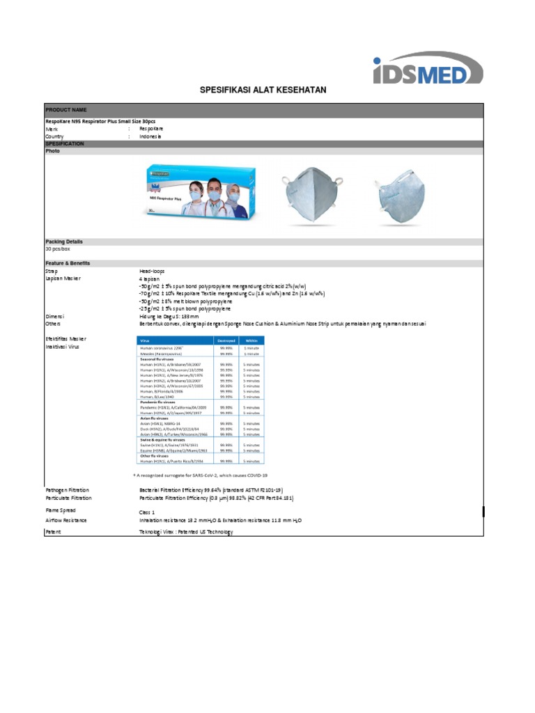 1. Spec - RespoKare N95 Respirator Plus Small Size 30pcs | PDF