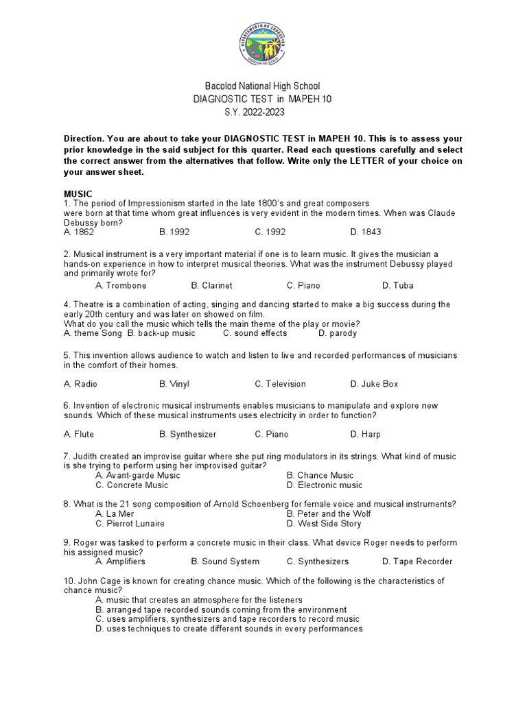 Mapeh 10 Diagnostic Test | PDF | Musical Instruments