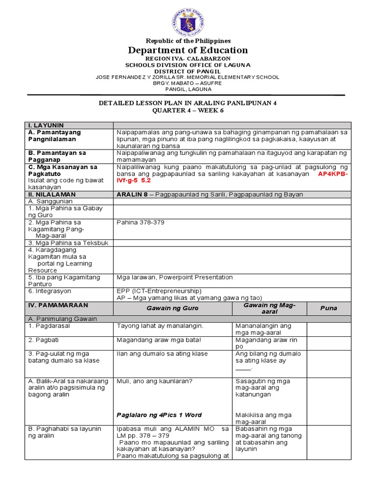 Detailed Lesson Plan in Araling Panlipunan 4 - DLP q4 | PDF