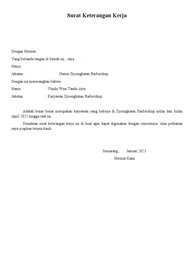 Surat Keterangan Kerja Karyawan | PDF
