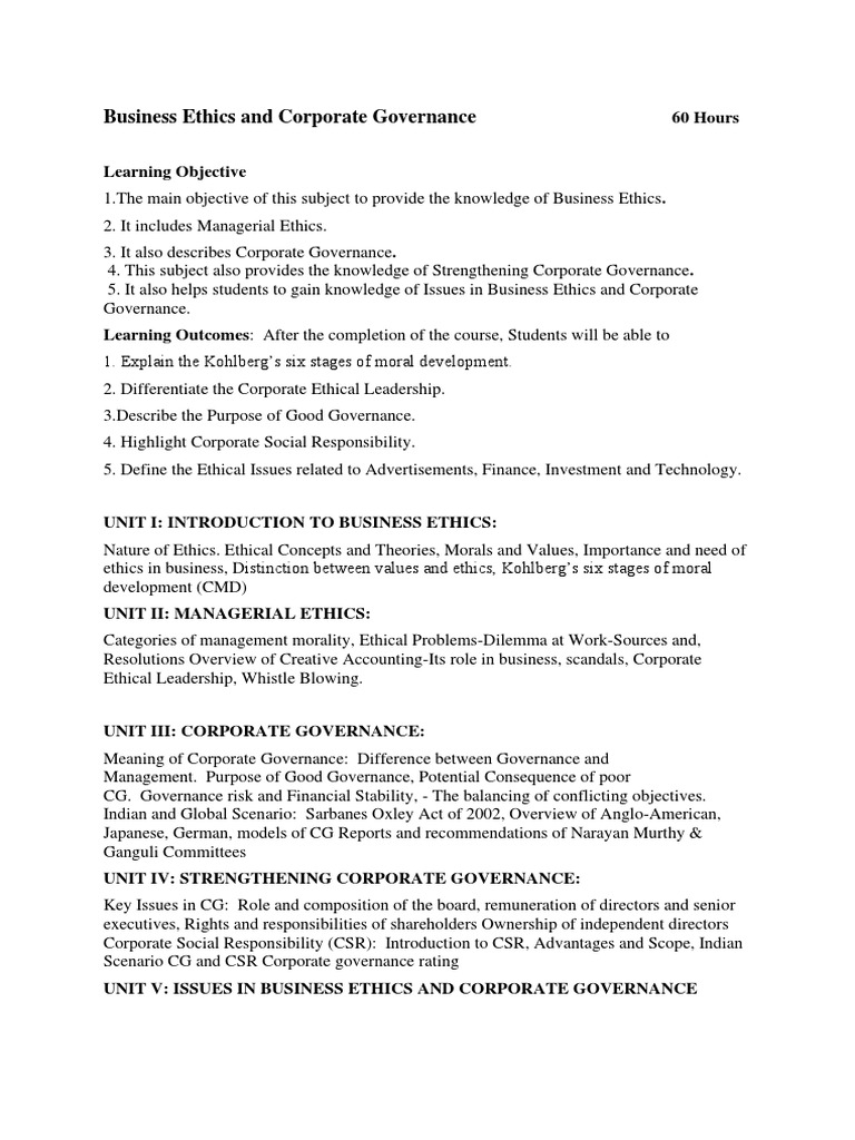 Business Ethics and Corporate Governance 60 Hours | PDF | Corporate ...