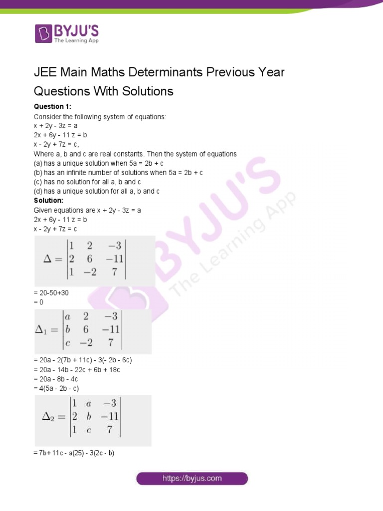 JEE Main Maths Determinants Previous Year Questions With Solutions | PDF | Determinant | Equations