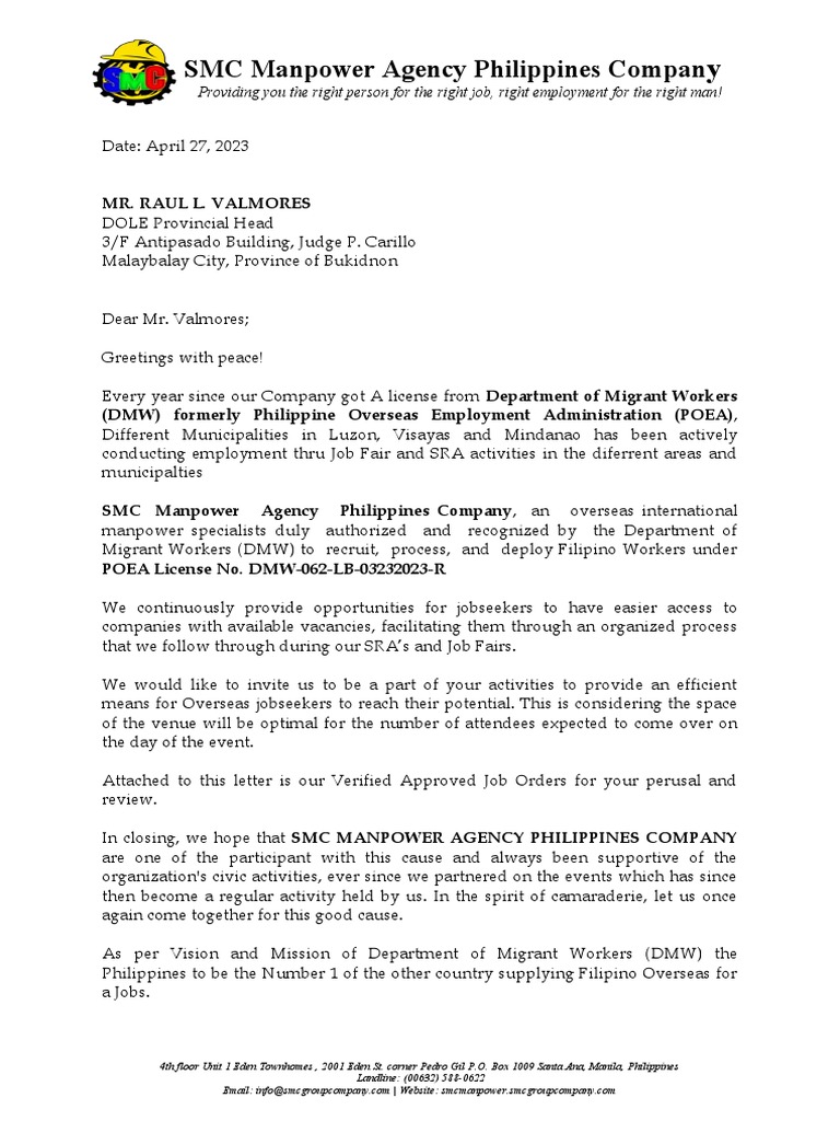 Formal Letter For Dole For Noc | PDF | Labor | Philippines