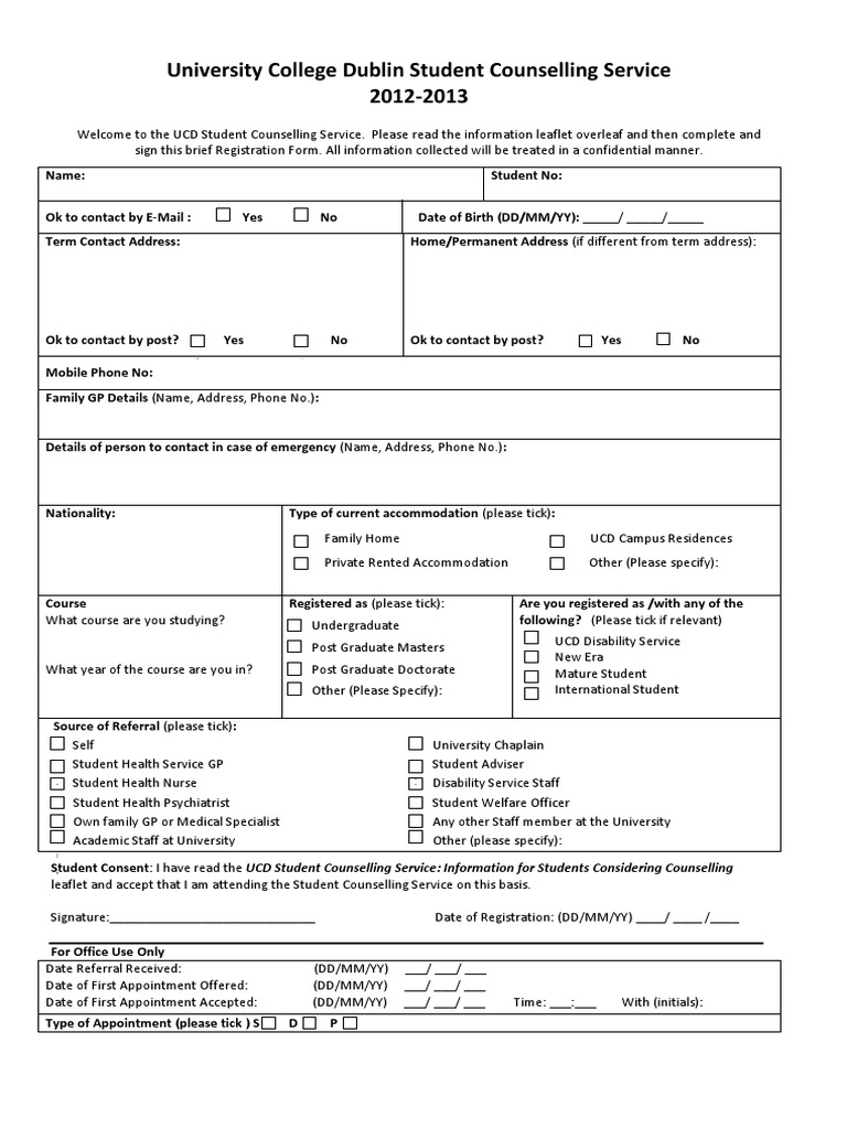 Student Counselling Registration Form | PDF | General Practitioner ...