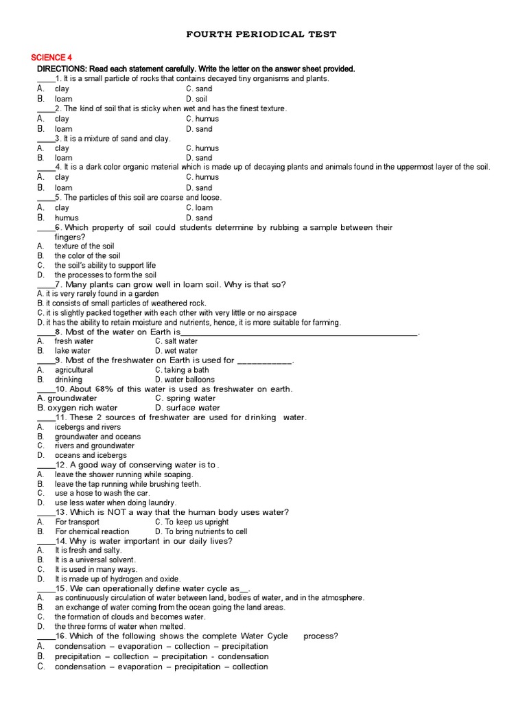 Quarter 4 Periodical Test Complete Subjects | PDF | Water | Soil
