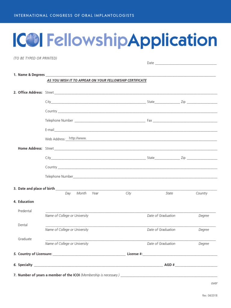 ICOI Fellowship App 0418 RDR | PDF | Dental Implant | Dentistry