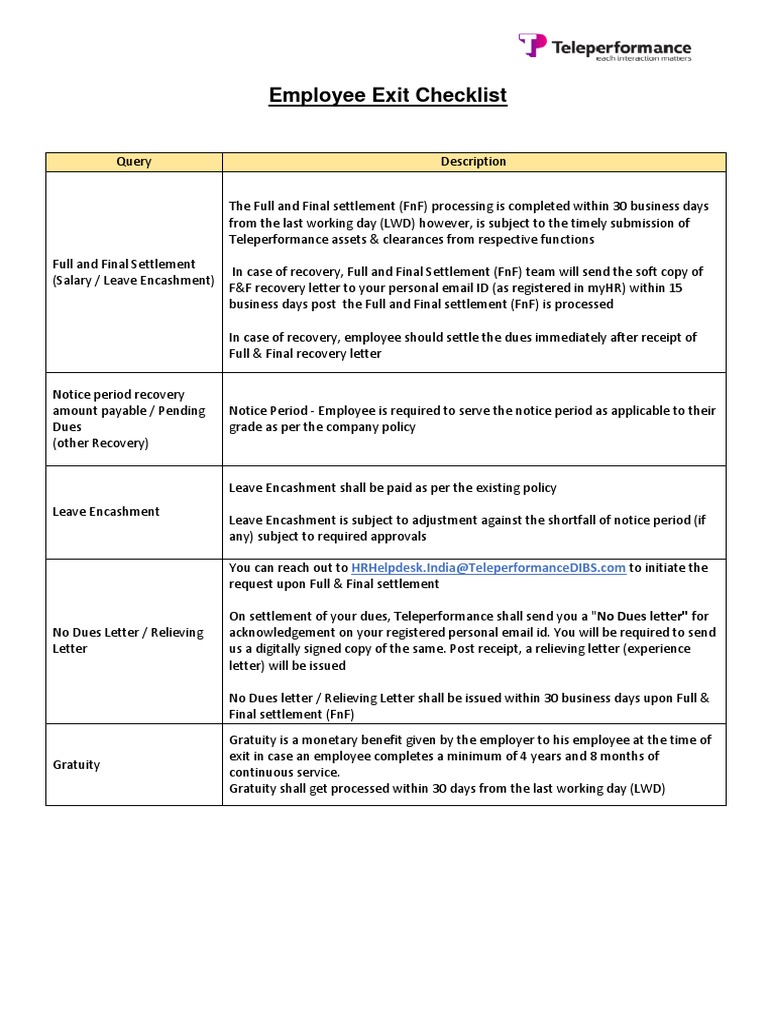 Employee Exit Check List - TP India | PDF | Government | Business