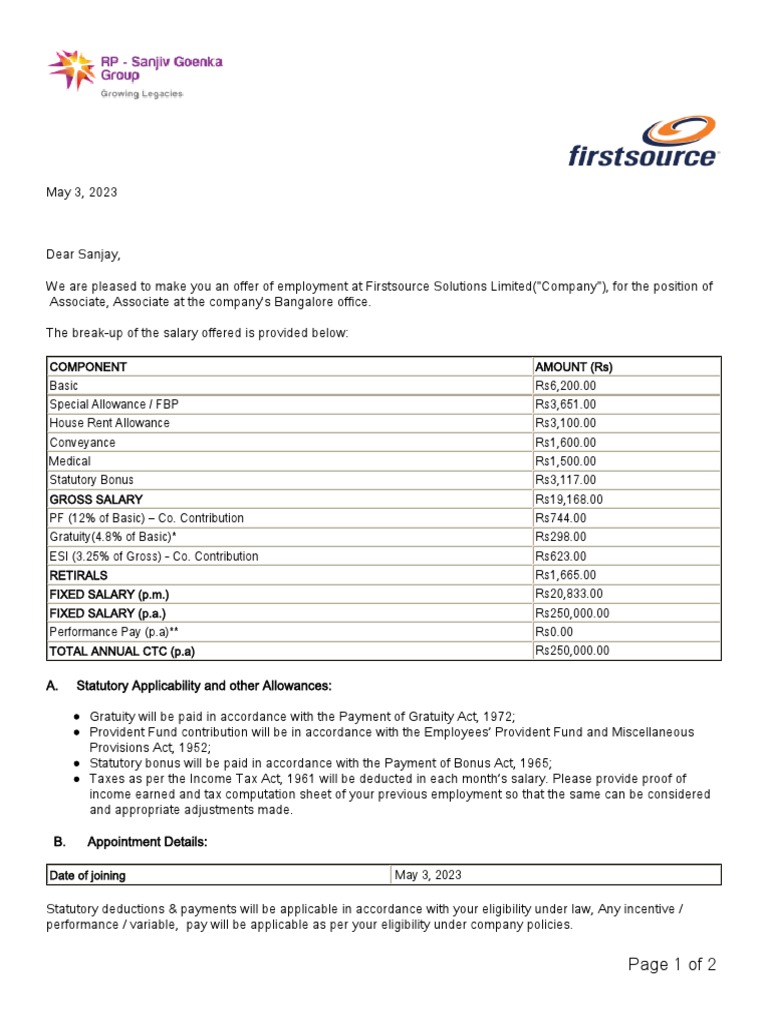 Offer Letter | Download Free PDF | Salary | Employment