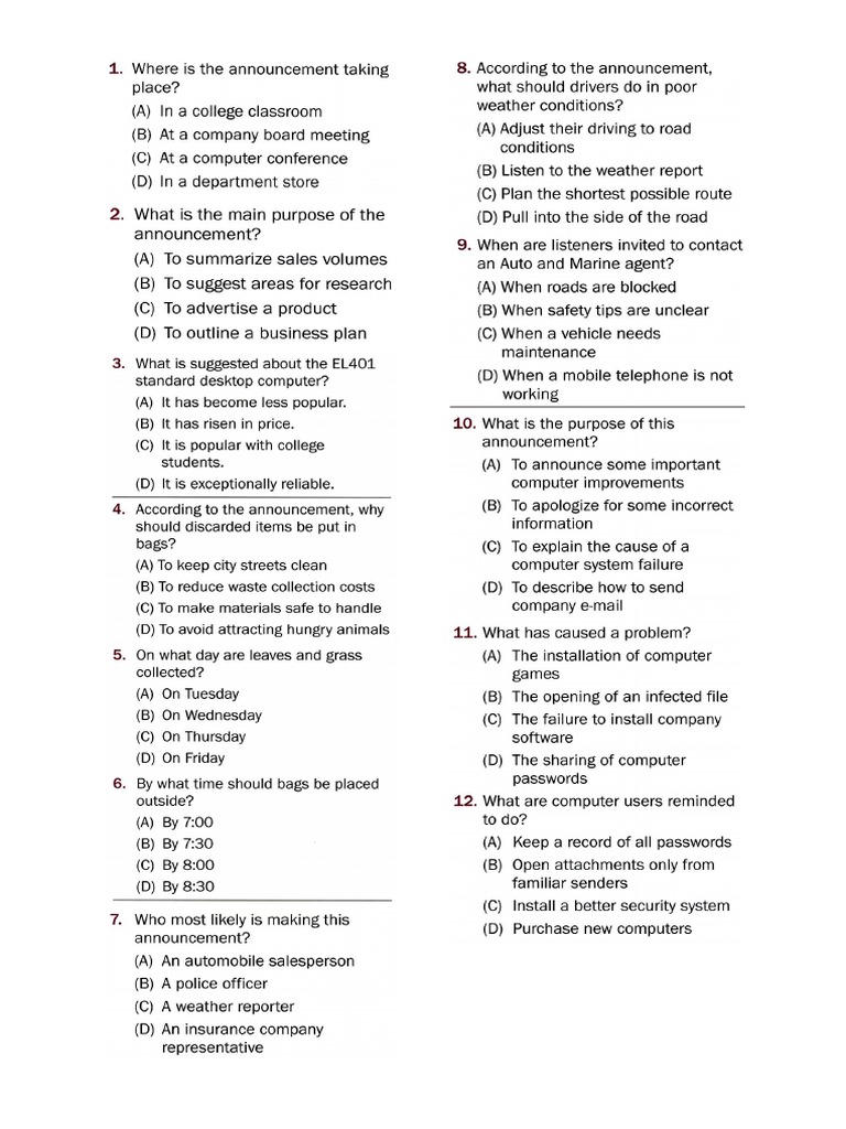 TOEIC talks mock test 1 | PDF