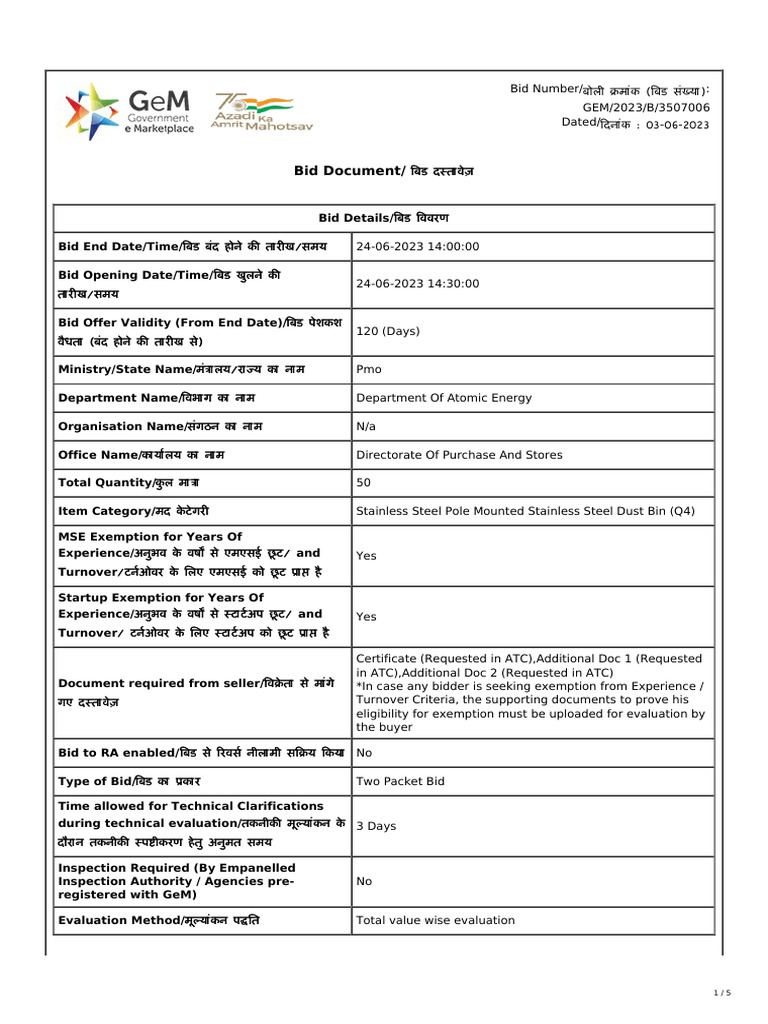 Stainless Steel Dust Bin Bid Details | PDF | Procurement | Auction