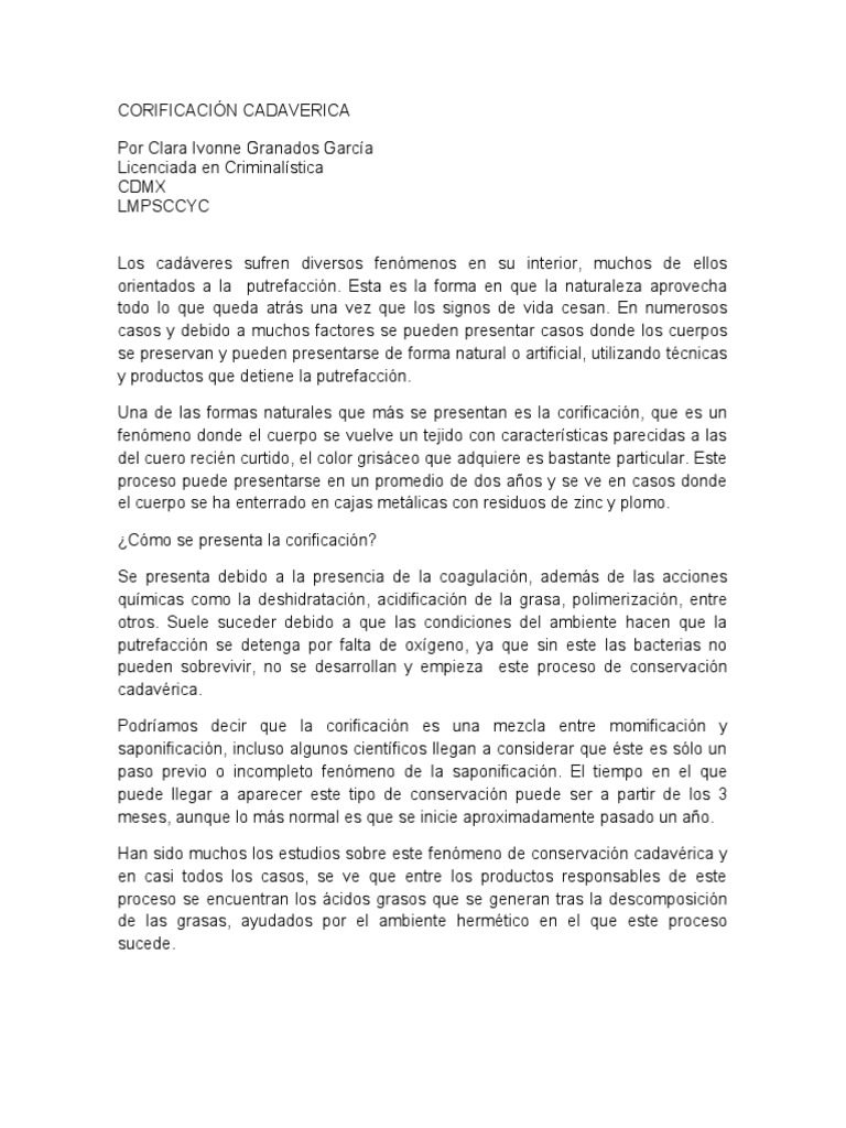 Corificación Cadaverica | PDF | Descomposición | Química