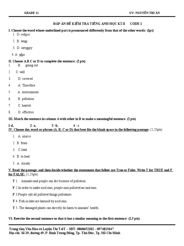 Dap An Test 1,2 Grade 9 | PDF