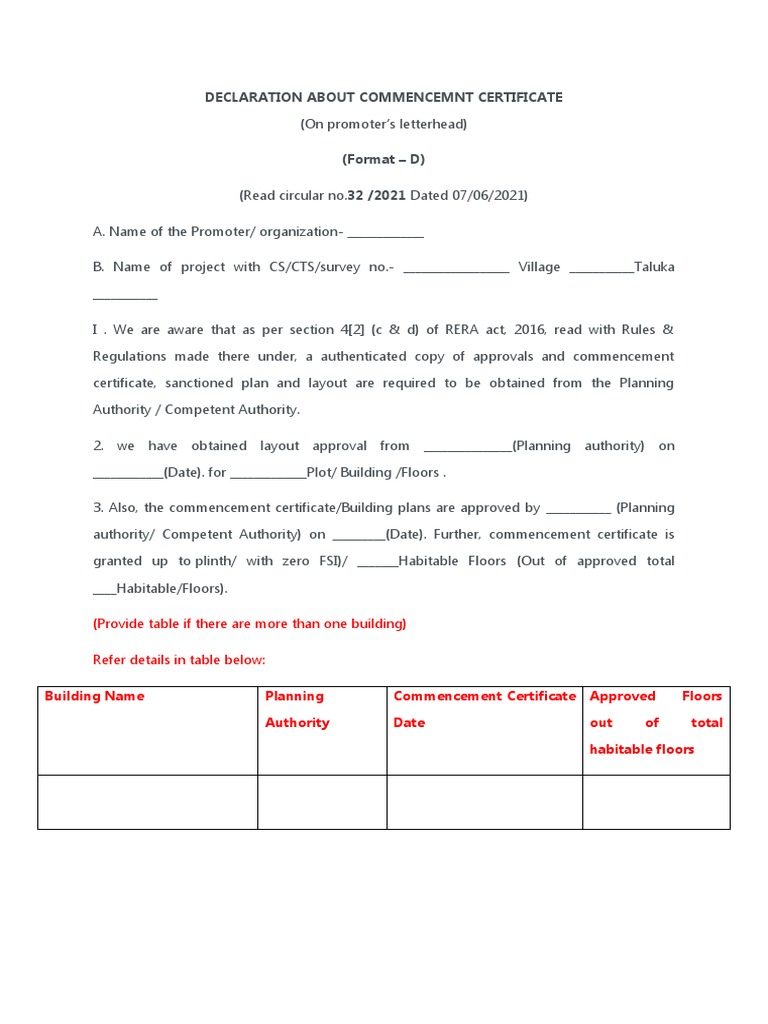 Commencement Certificate Declaration Format | PDF