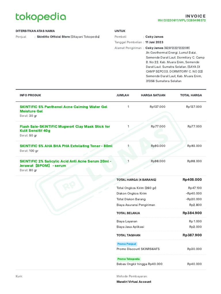 Invoice Pembelian Skintific 11 Juni 2023 | PDF