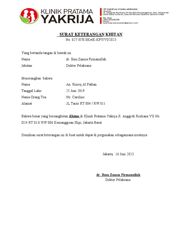 Surat Keterangan Khitan | PDF