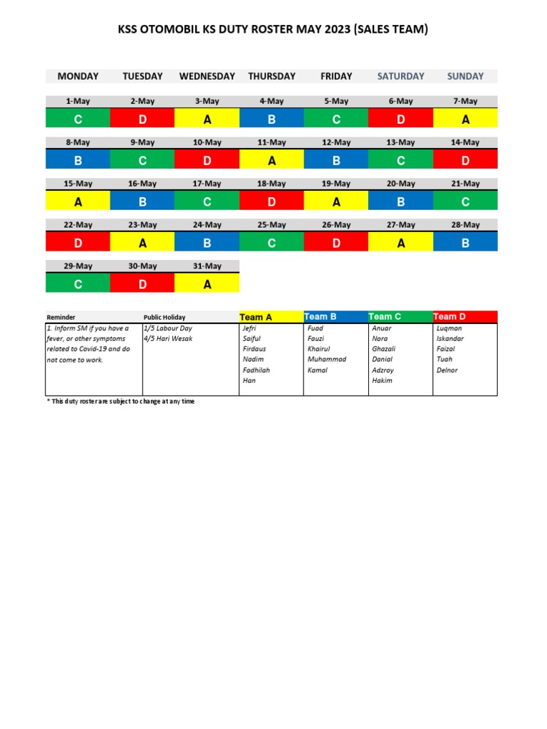 KSS Sales Team Duty Roster May 2023 | PDF