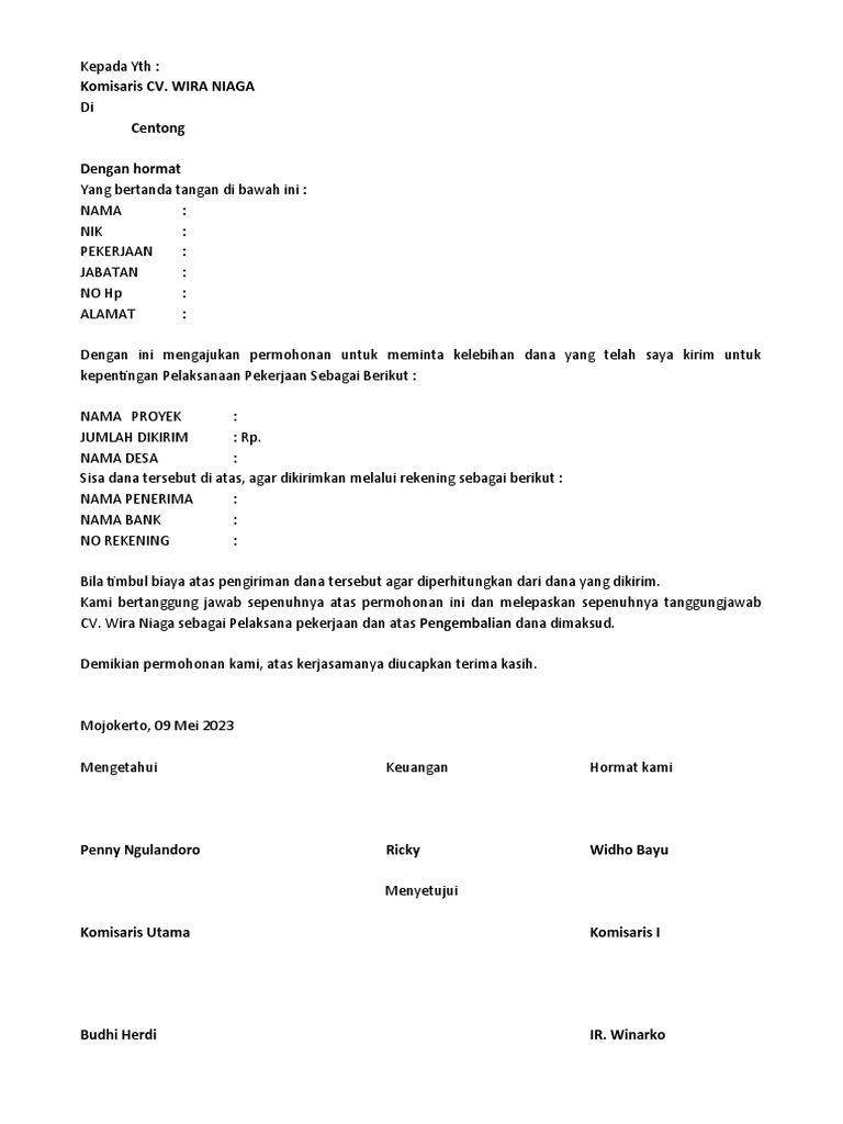 Permohonan Pengembalian Dana | PDF | Pengelolaan Keuangan & Uang