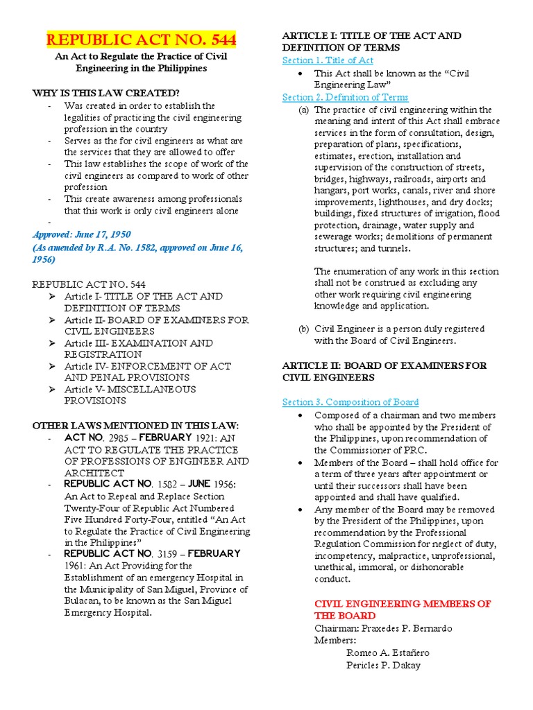 REPUBLIC ACT NO. 544 (To Be Printed) | PDF | Engineer | Civil Engineering