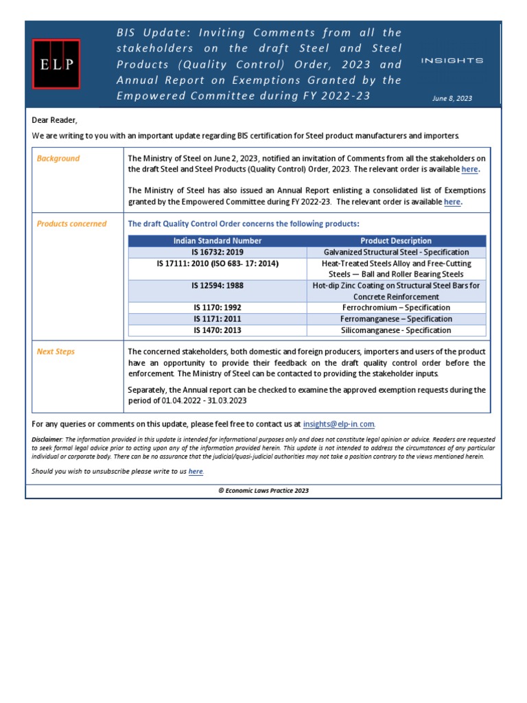 BIS Draft Steel Quality Control Order 2023 | PDF