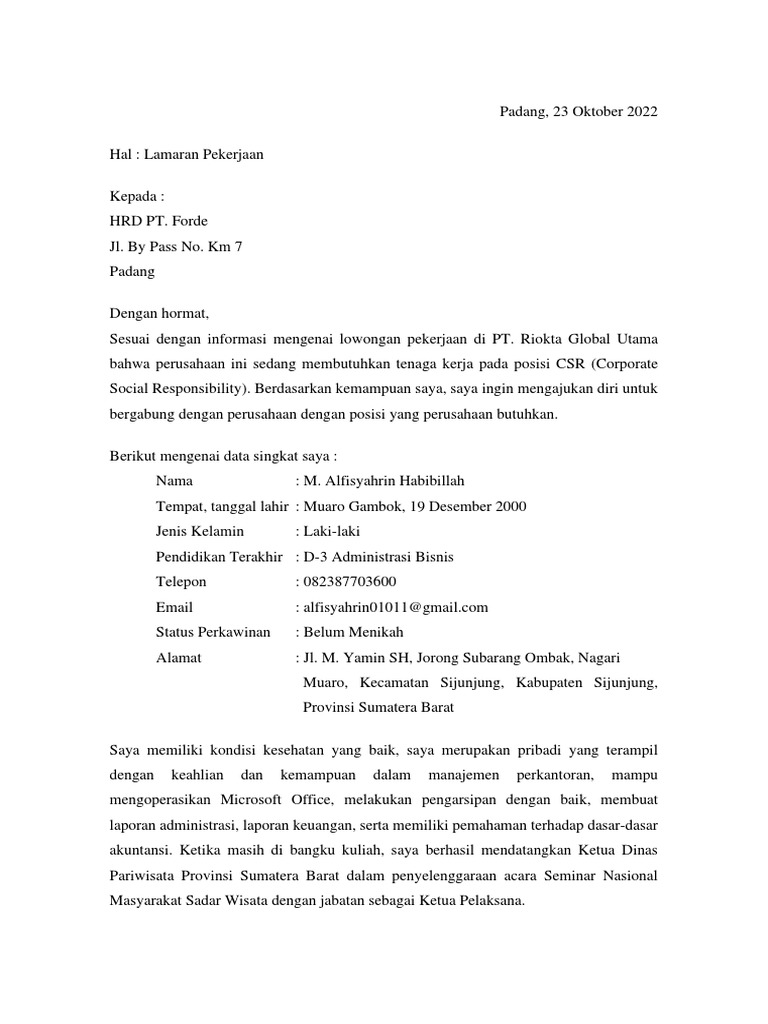 Surat Lamaran CSR | PDF