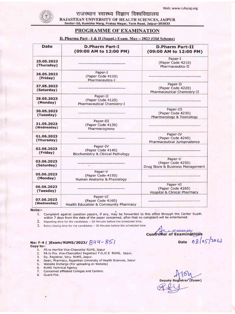 Time Table of D.pharmacy Part - I & II (Old Scheme) (Supp.) Exam. May ...