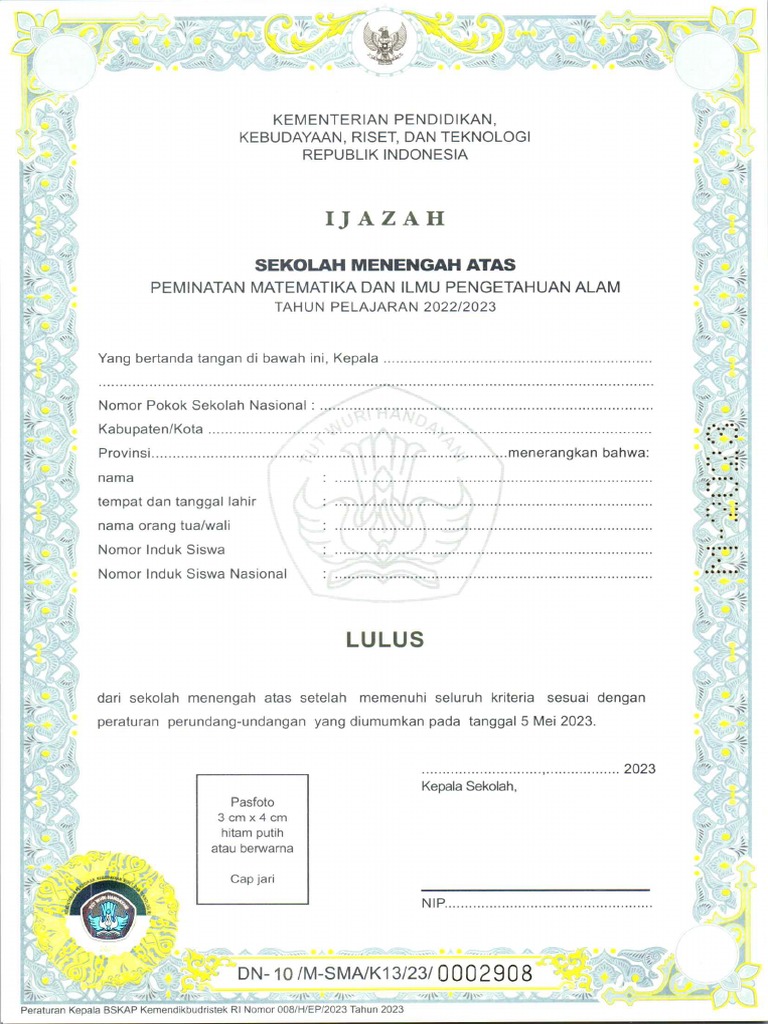 Blanko Ijazah Sma 2023 Bagian Depan | PDF