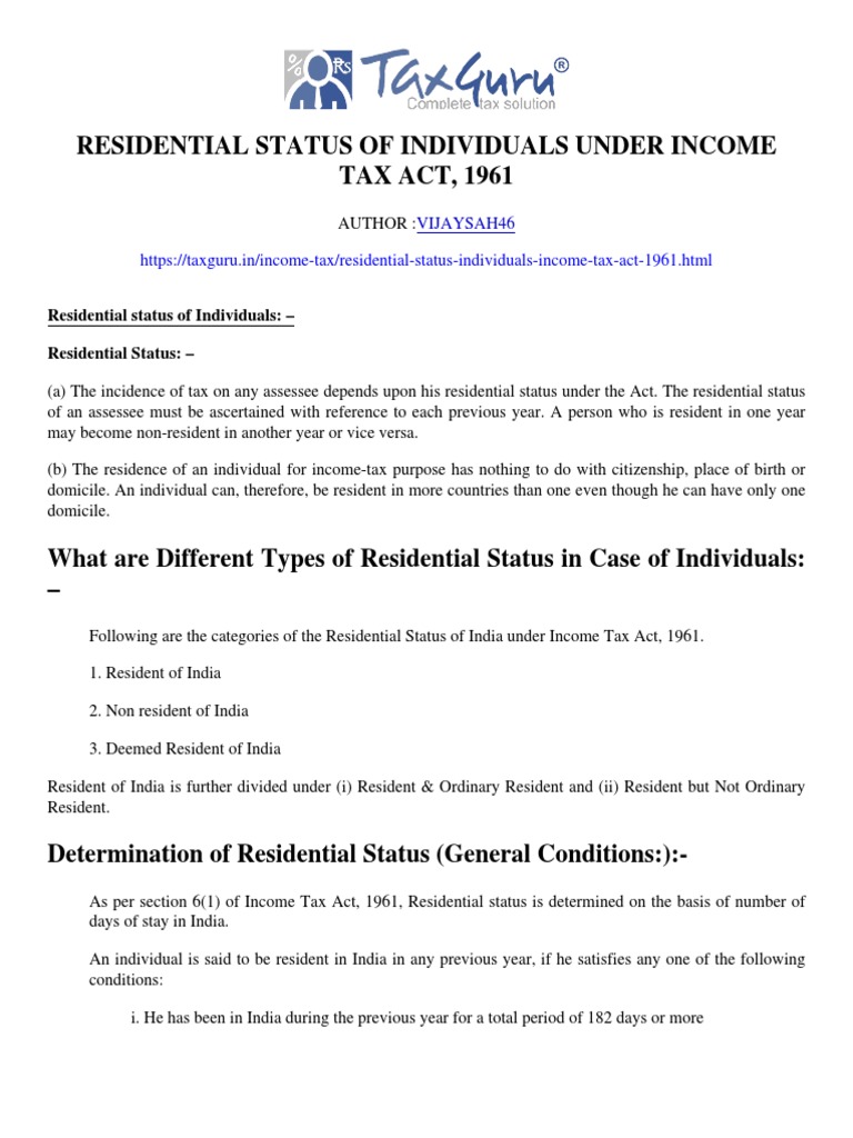 Residential Status of Individuals Under Income Tax Act, 1961 - Taxguru ...