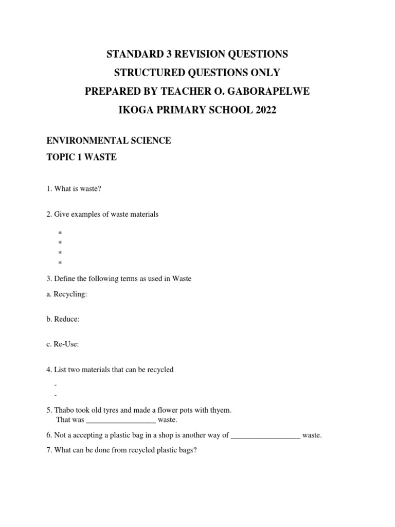 Standard 3 Revision Questions | PDF