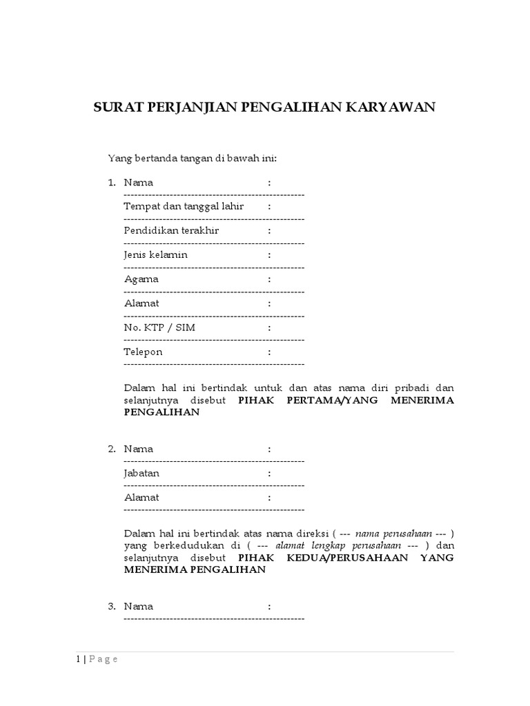 Perjanjian Pengalihan Karyawan | PDF