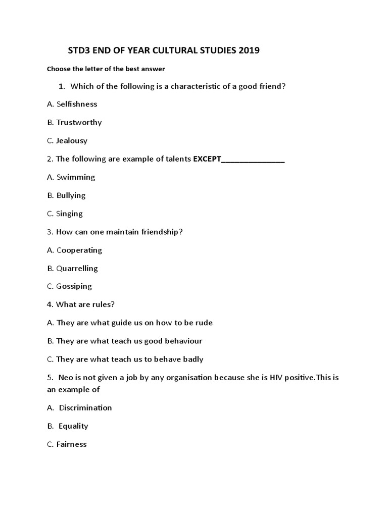 Std 3 Cultural Studies Exam 2019 | PDF