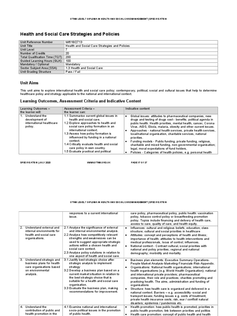 Courses Specification - Health and Social Care Strategies and Policies ...