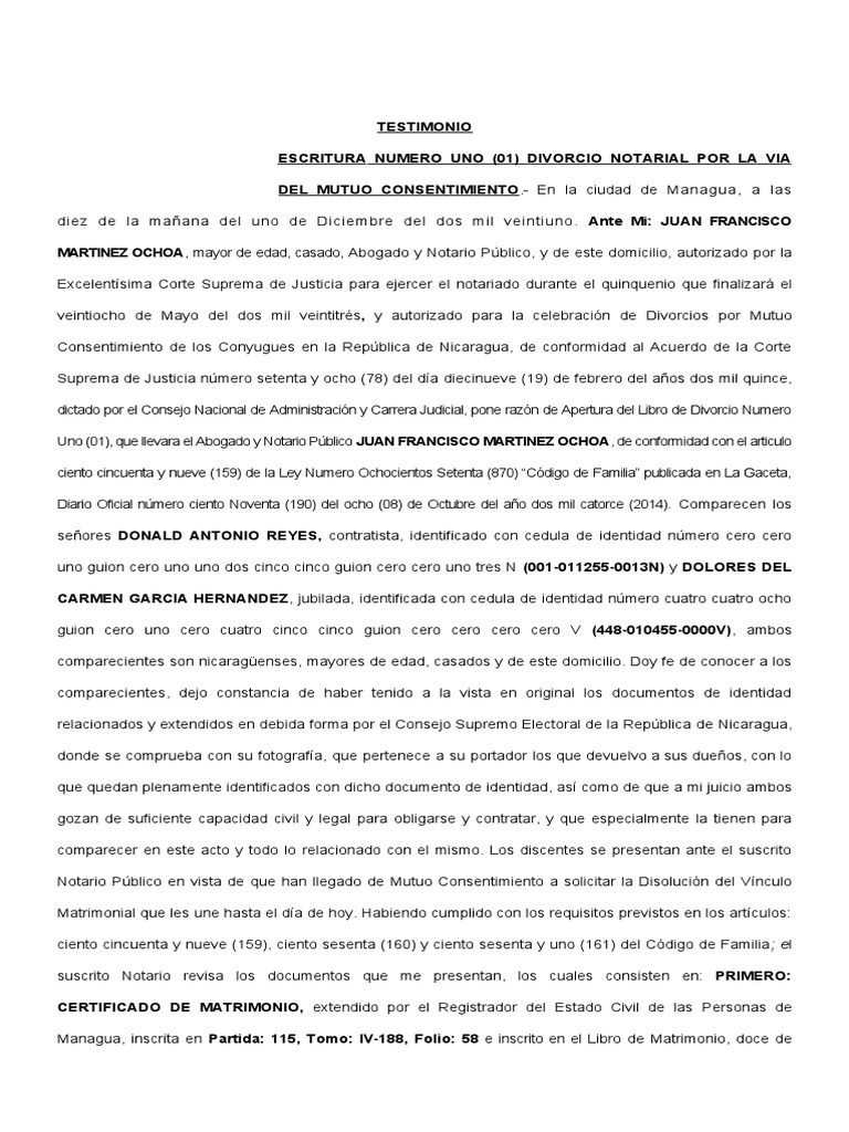 Testimonio de Acta Notarial Divorcio Mutuo Consentimiento 01-2021 | PDF