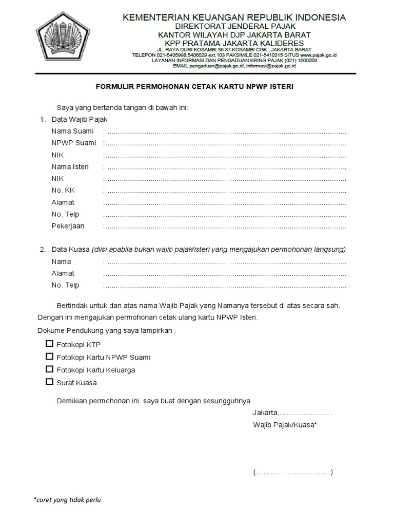 Formulir Cetak Kartu NPWP Isteri | PDF