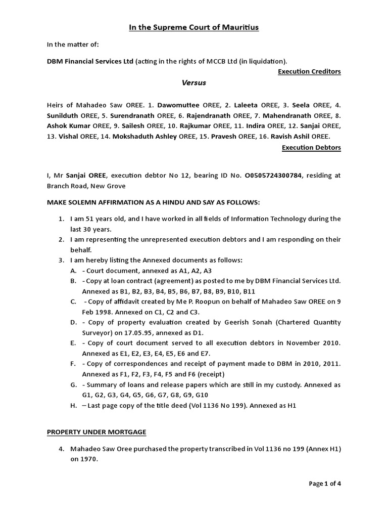 In The Supreme Court of Mauritius - OREE Heirs | PDF