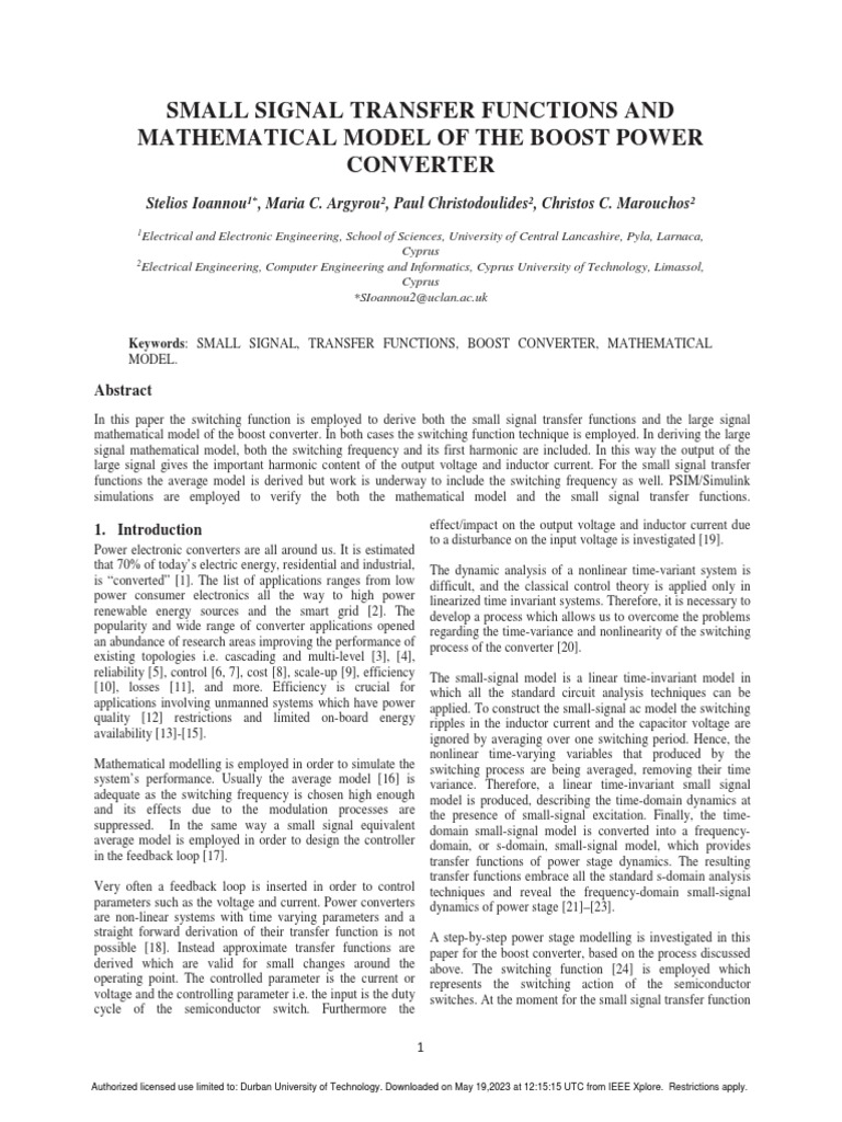 Small Signal Transfer Functions and Mathematical Model of The Boost Power Converter | PDF ...