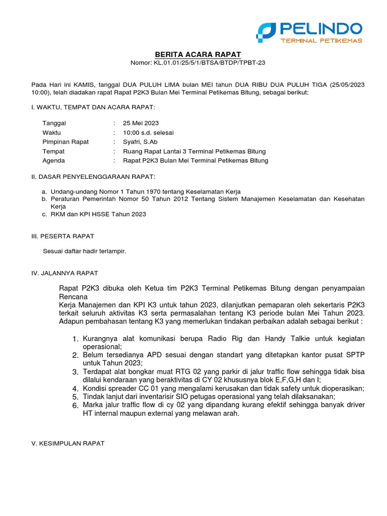 Berita Acara Rapat P2K3 Bulan Mei 2023 | PDF