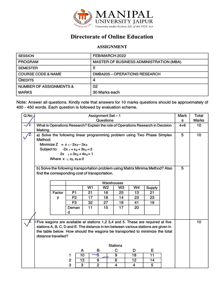 MBA Operations Research Assignment 2022 | PDF | Applied Mathematics ...