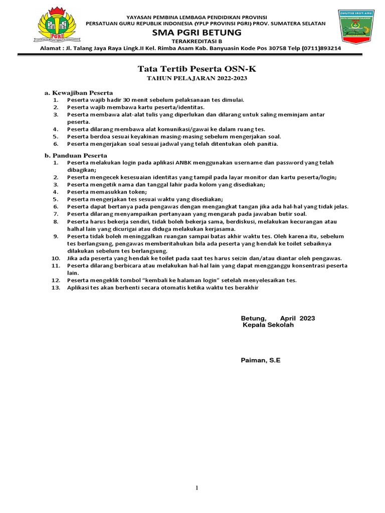 Tata Tertib Peserta OSN 2023 | PDF