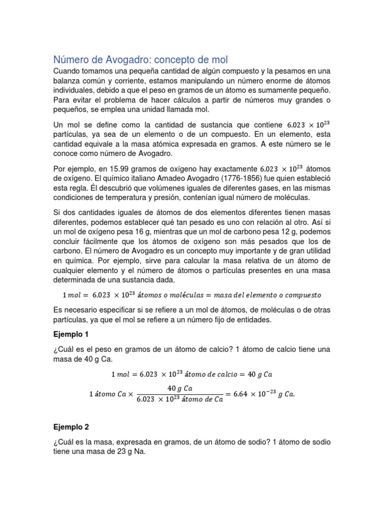 Número De Avogadro Pdf Mole Unidad Química Física
