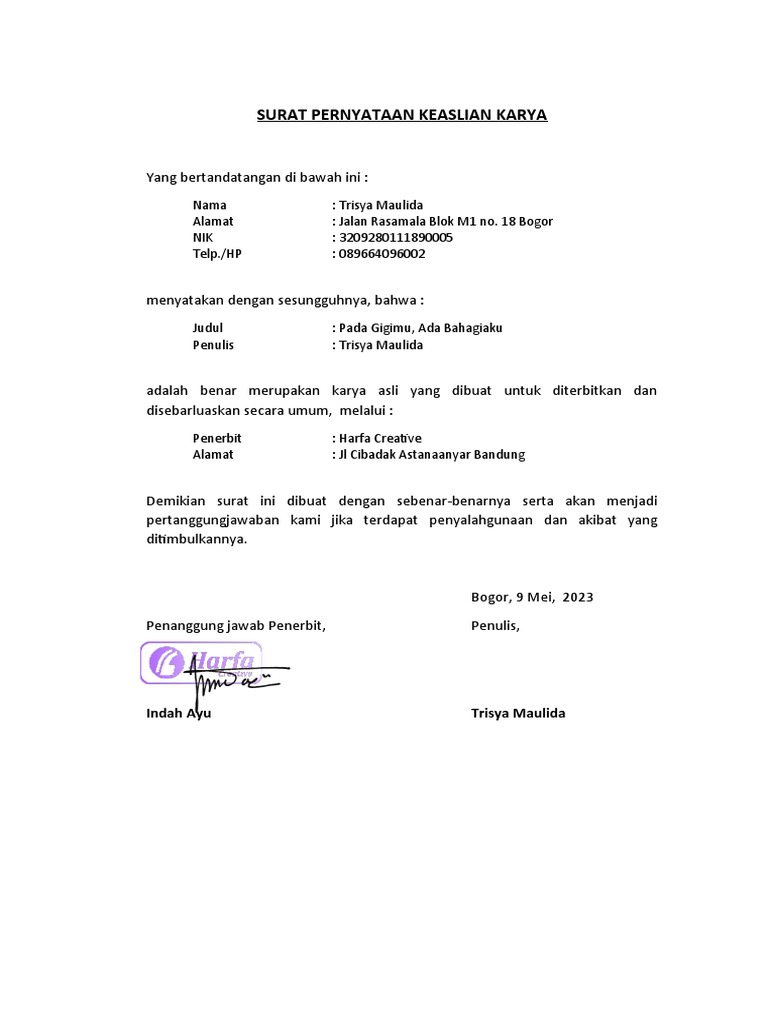 Surat Keaslian - HARFA | PDF