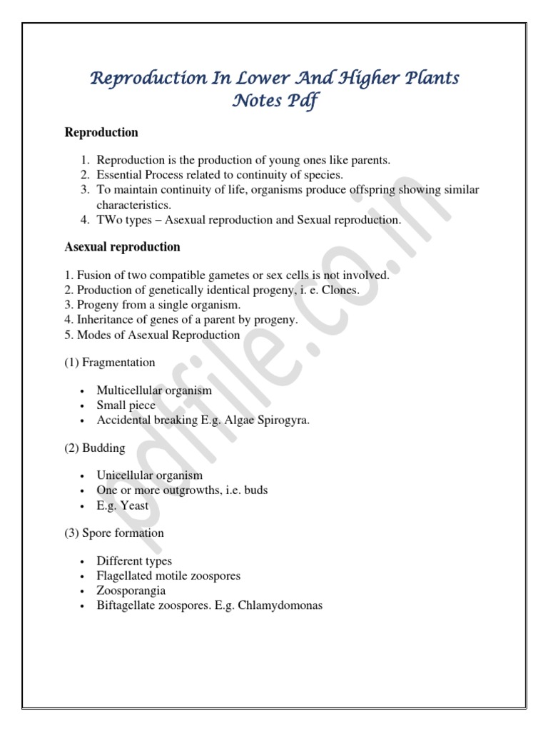 Reproduction in Lower and Higher Plants Notes | PDF | Seed | Fertilisation