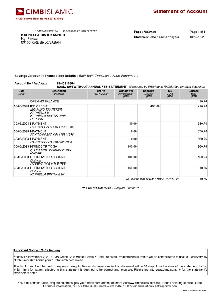 CIMB Savings Account Statement Summary | PDF | Banks | Banking