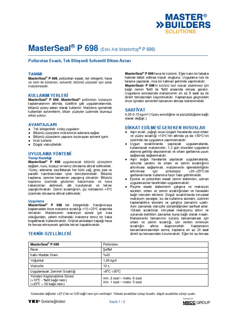 Masterseal® P 698 (Eski Adı Mastertop® P 698) | PDF