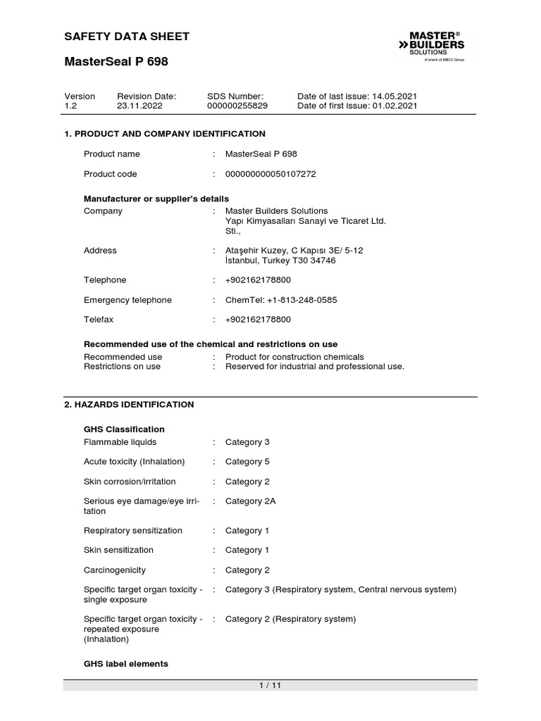 MasterSeal P 698 MSDS_EN-23.11.2022-Rev1.2 | PDF | Chemistry ...