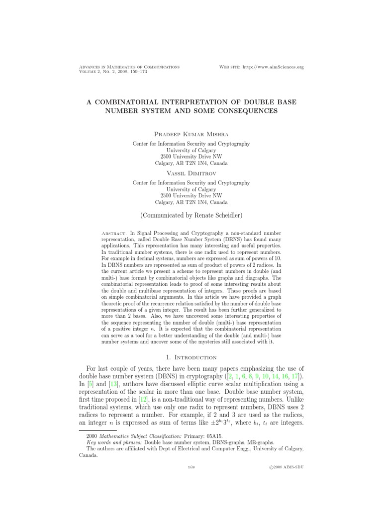 A Combinatorial Interpretation of Double Base Number System and Some Consequences | Download ...