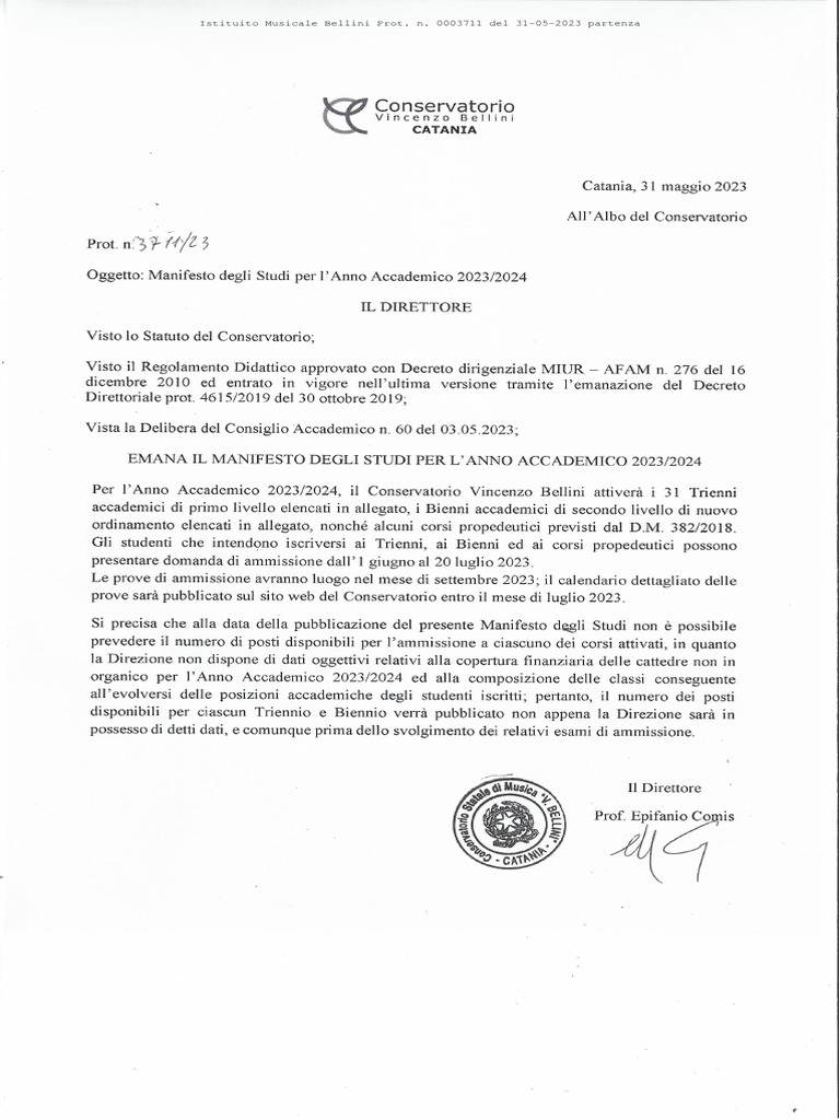 Manifesto Degli Studi A. A. 2023 2024 | PDF