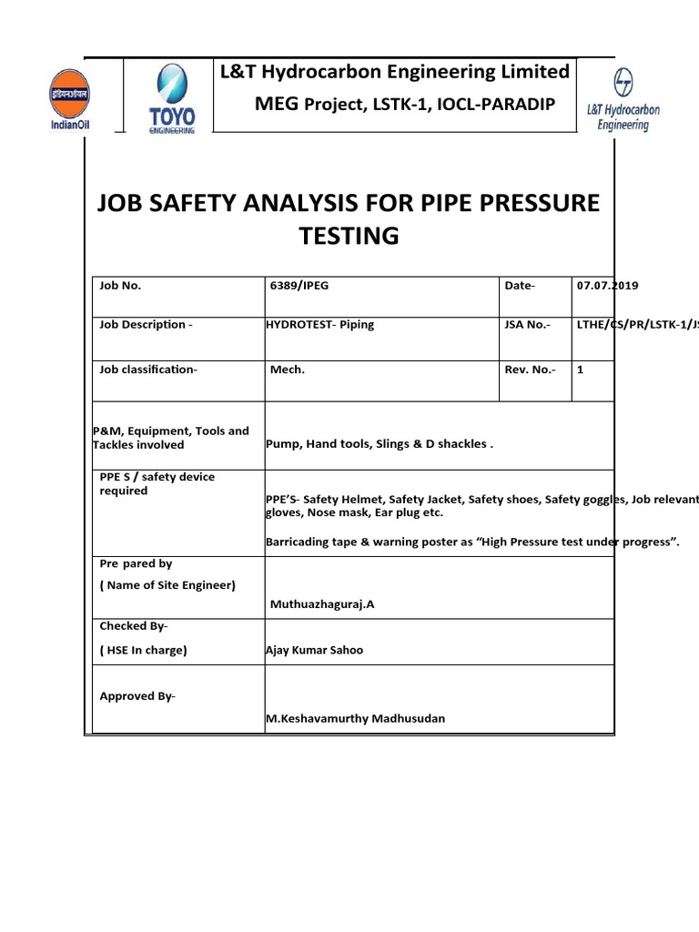 Jsa For Piping Hydro Test Download Free Pdf Welding Construction