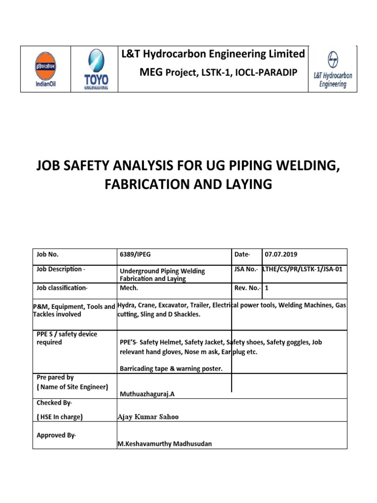 JSA UG Pipe Fabrication and Lowering | PDF JSA UG Pipe Fabrication and Lowering | PDF